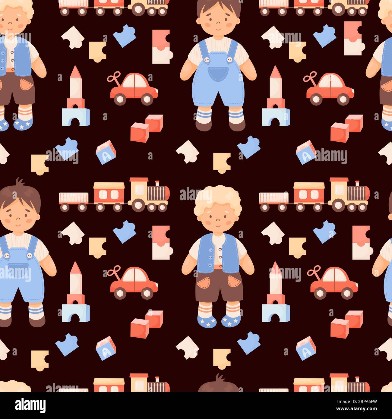 Cute kids seamless pattern. Children toys. Funny boys in shorts, train ...