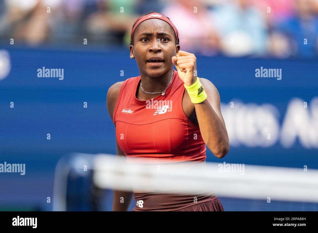 Coco Gauff of USA reacts during 4th round against Caroline Wozniacki of Denmark at the US Open ...