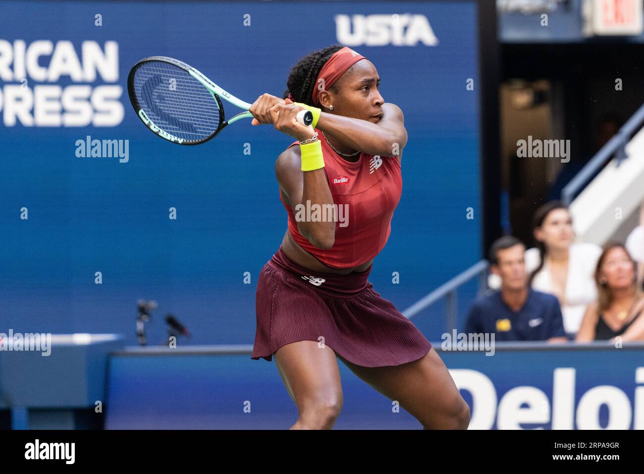 Coco Gauff of USA returns ball during 4th round against Caroline Wozniacki of Denmark at the US ...