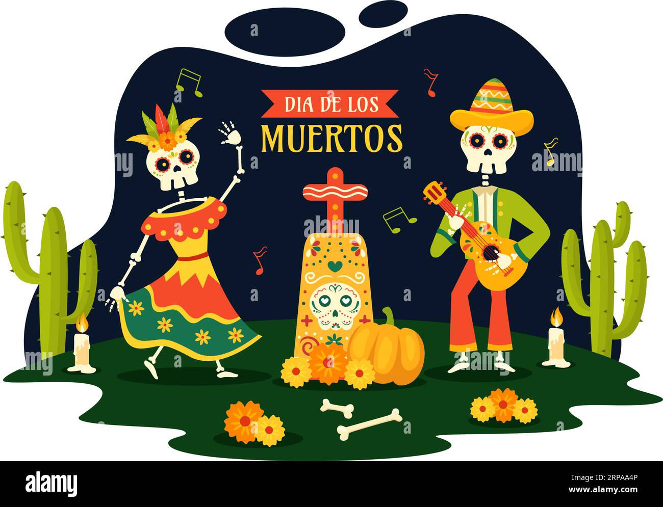 Dia de Los Muertos Vector Illustration with Day of the Dead, Play Music ...