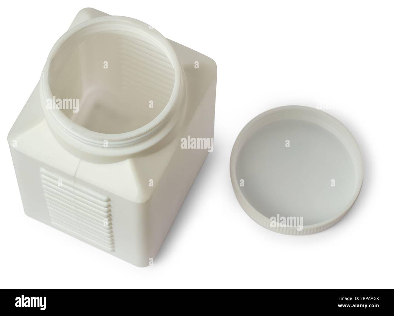 opened white square plastic bottle with cap isolated on white ...