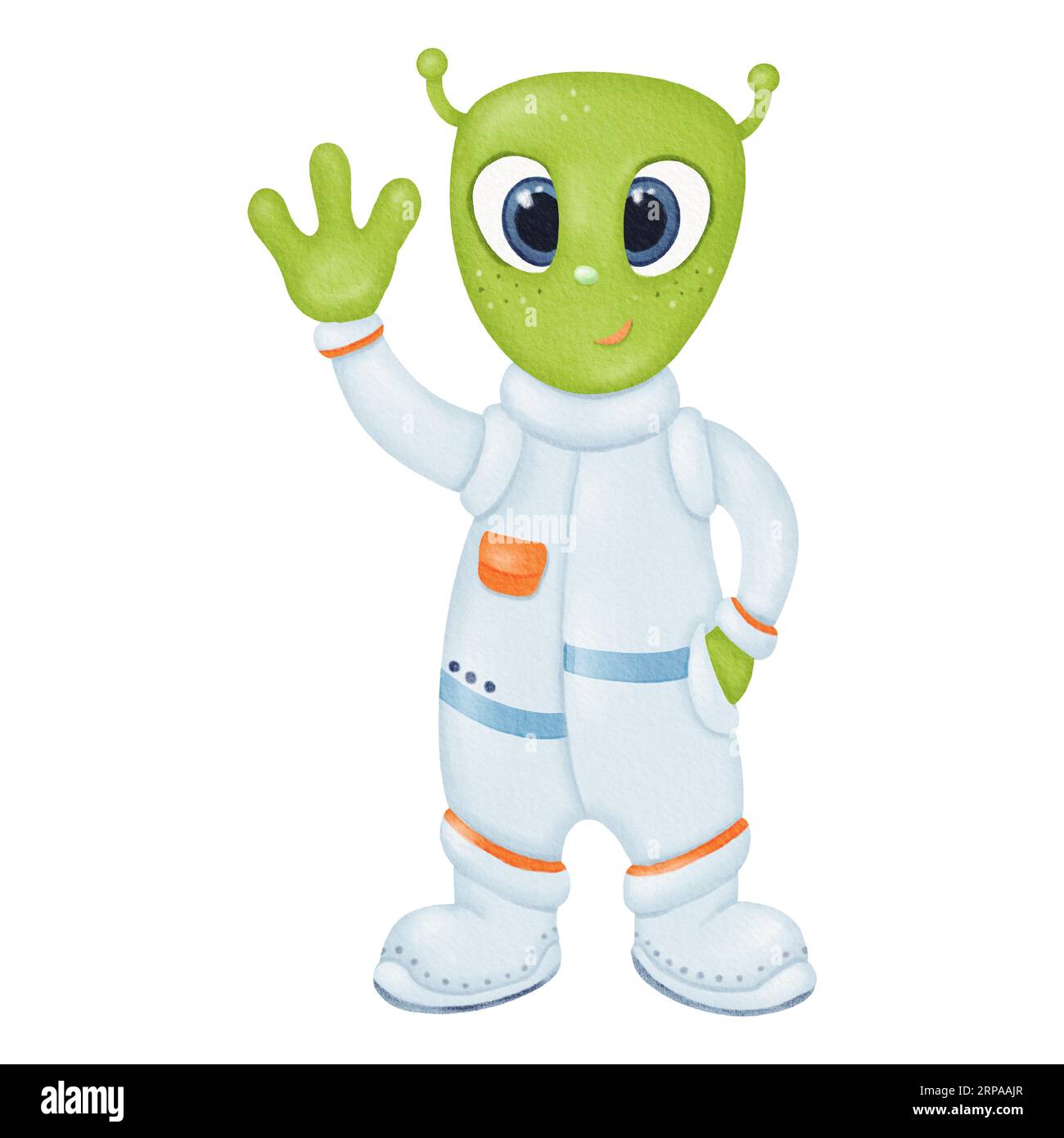 A funny cute alien waves its hand. A green, friendly extraterrestrial ...