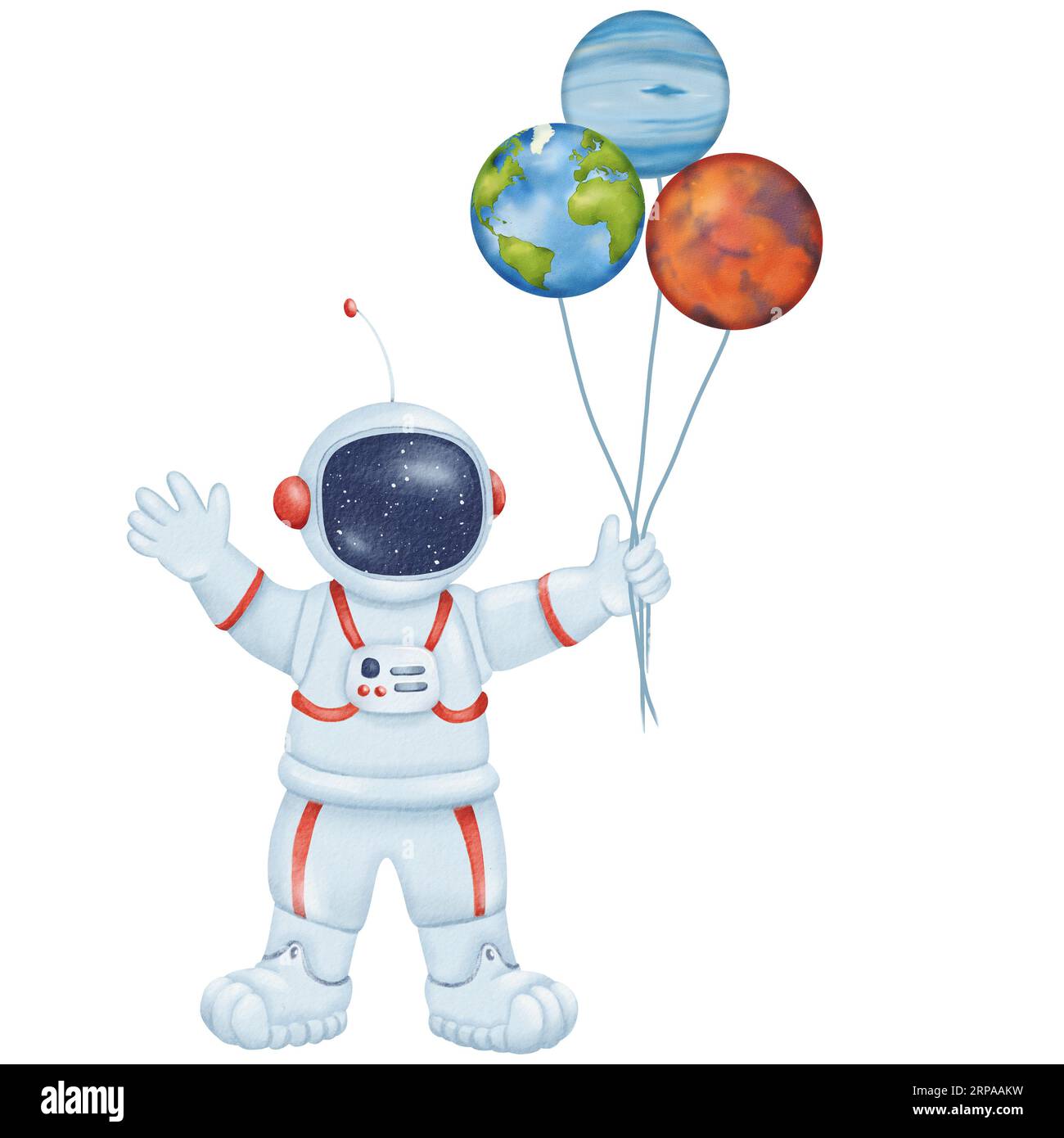 Astronaut stands with planet balloons. Earth, Neptune, Mars. Birthday ...