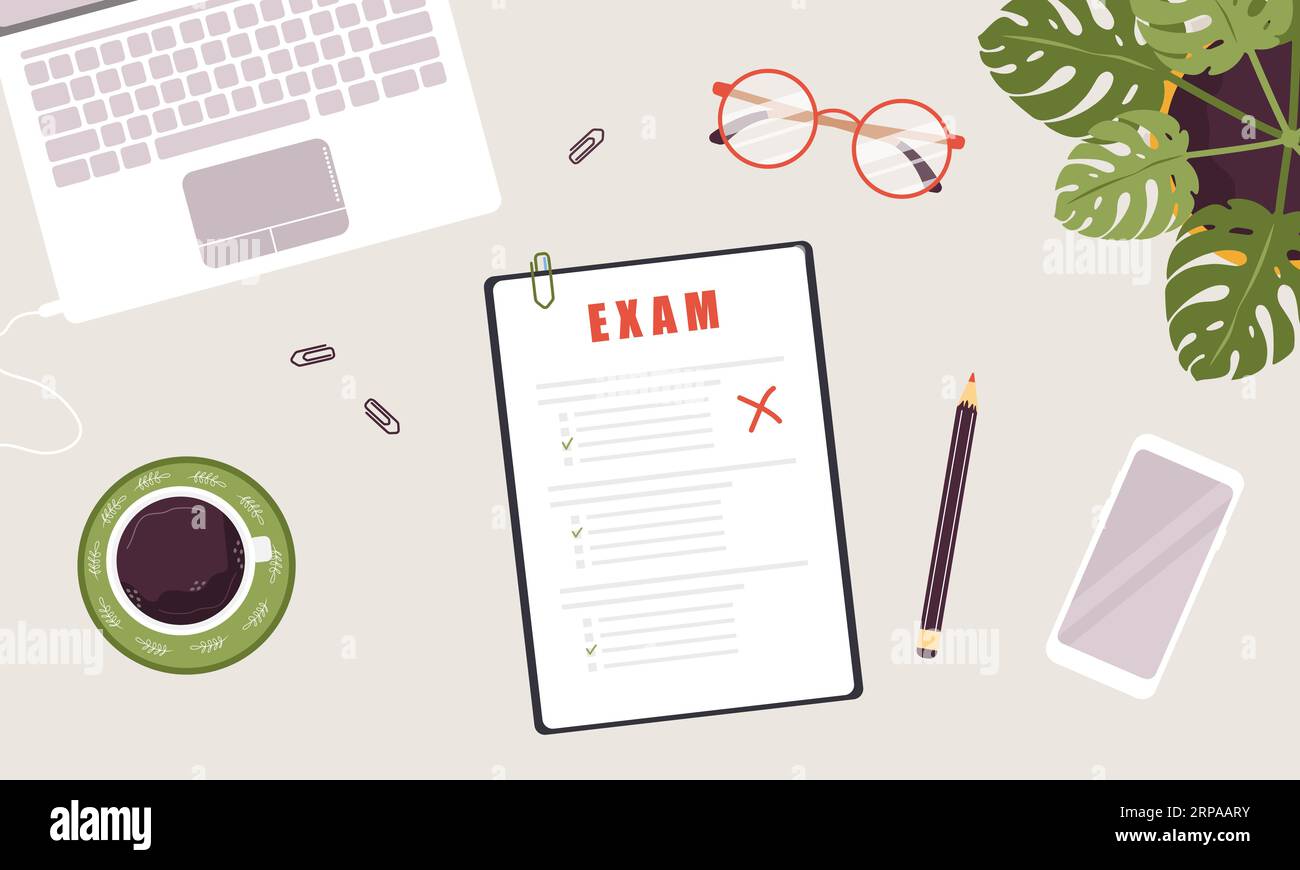 Top view teacher workplace. Answer sheet after exam. School and college ...