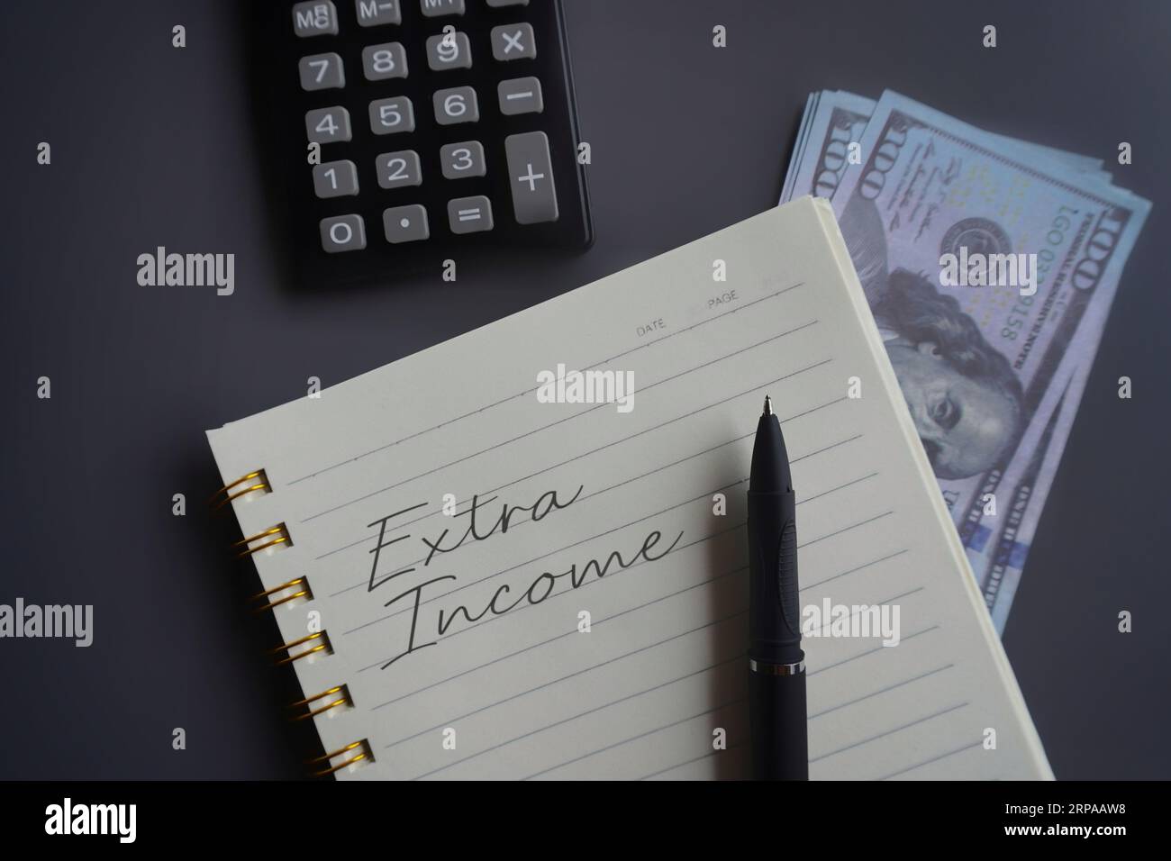 Top view image of calculator, money and notebook with text EXTRA INCOME ...