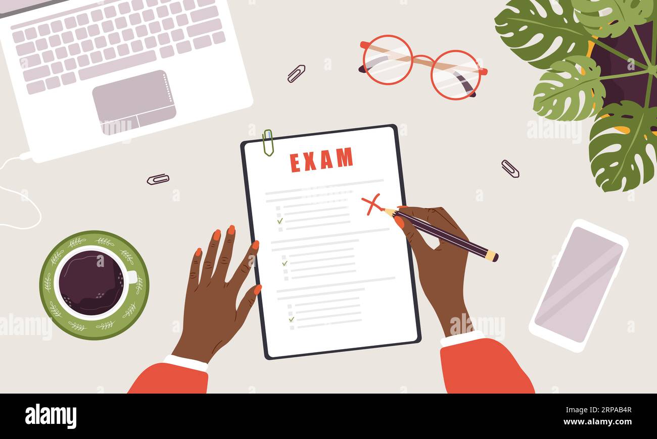 African female teacher checking answer sheet after exam. Top view ...