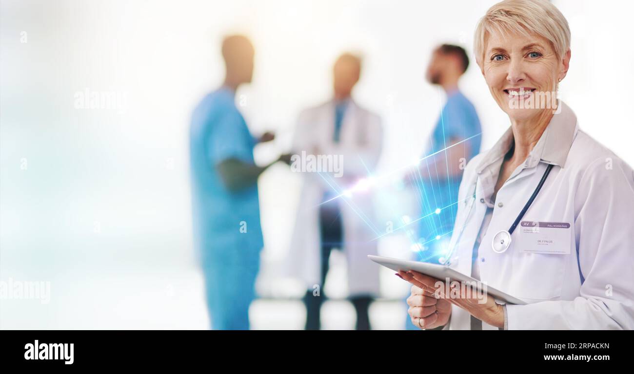Senior woman, doctor and tablet with digital transformation in portrait ...