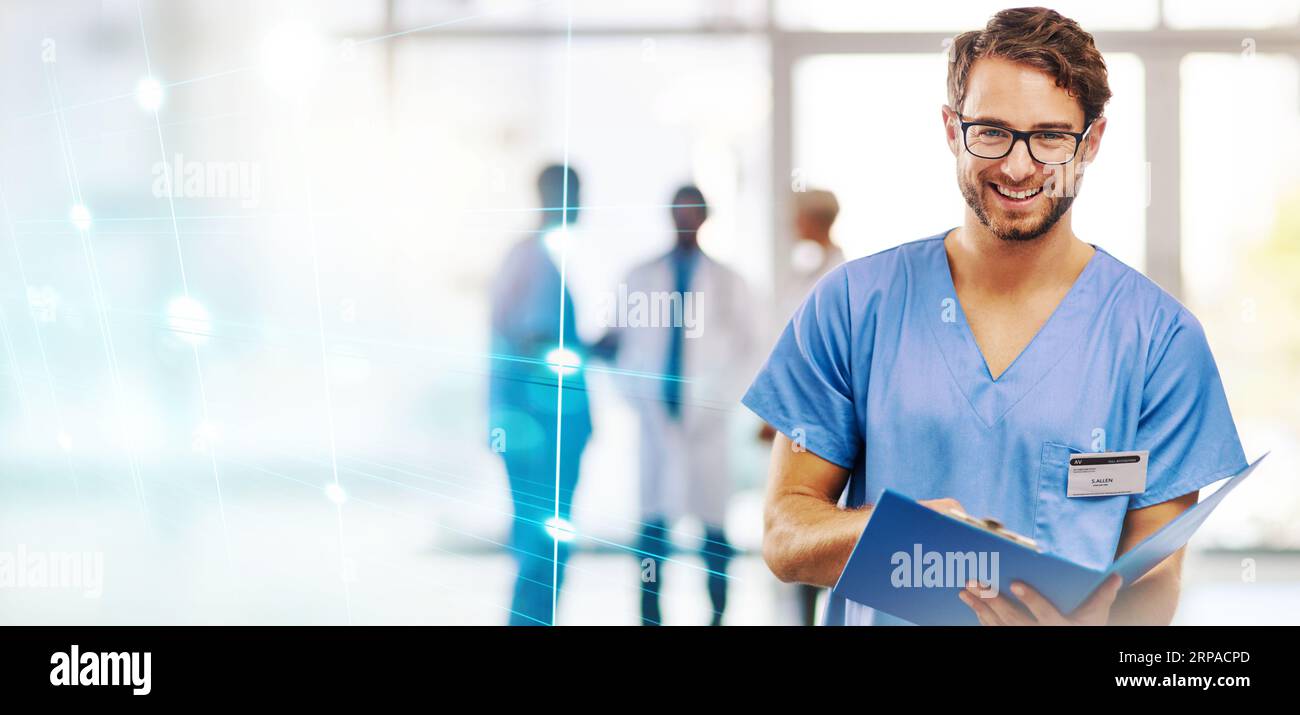 Doctor, man and hologram, health insurance and innovation in portrait ...