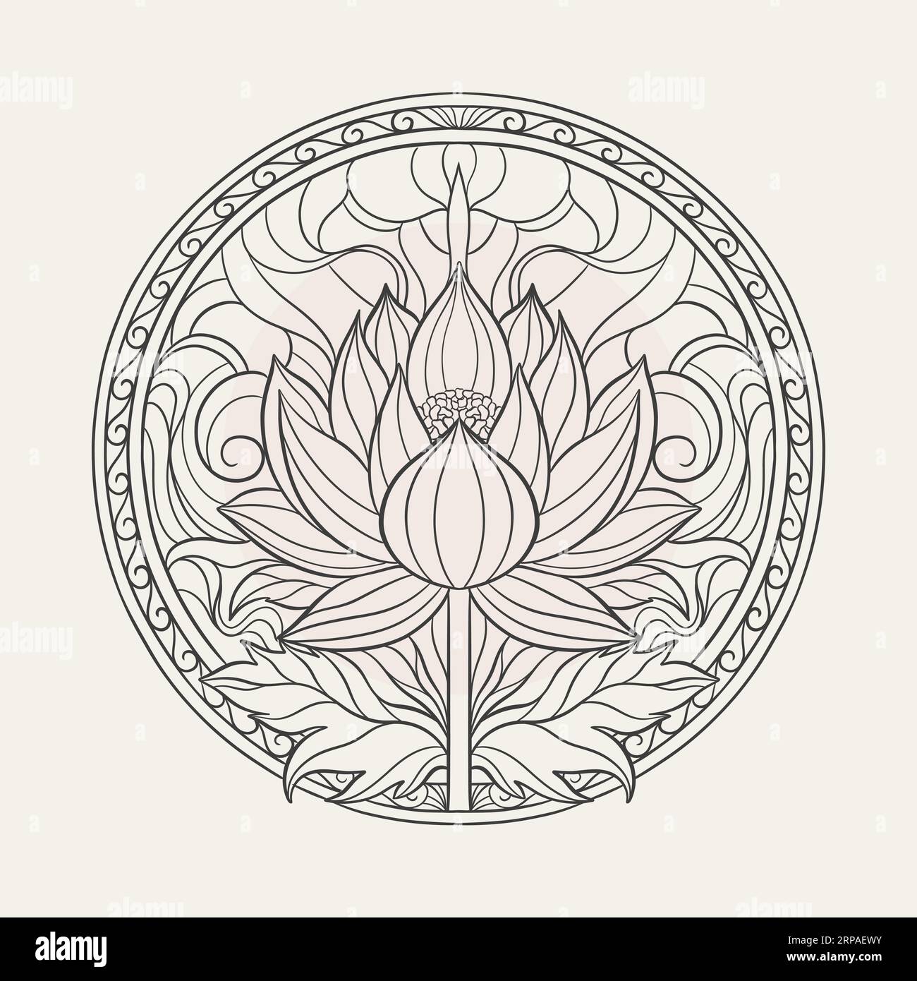 Elegant lotus flower bud and leaf in circle.The round design is made ...