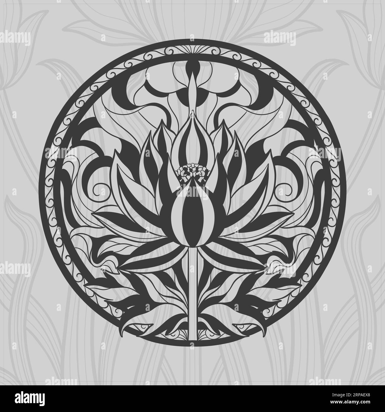 Elegant lotus flower bud and leaf in circle.The round design is made ...