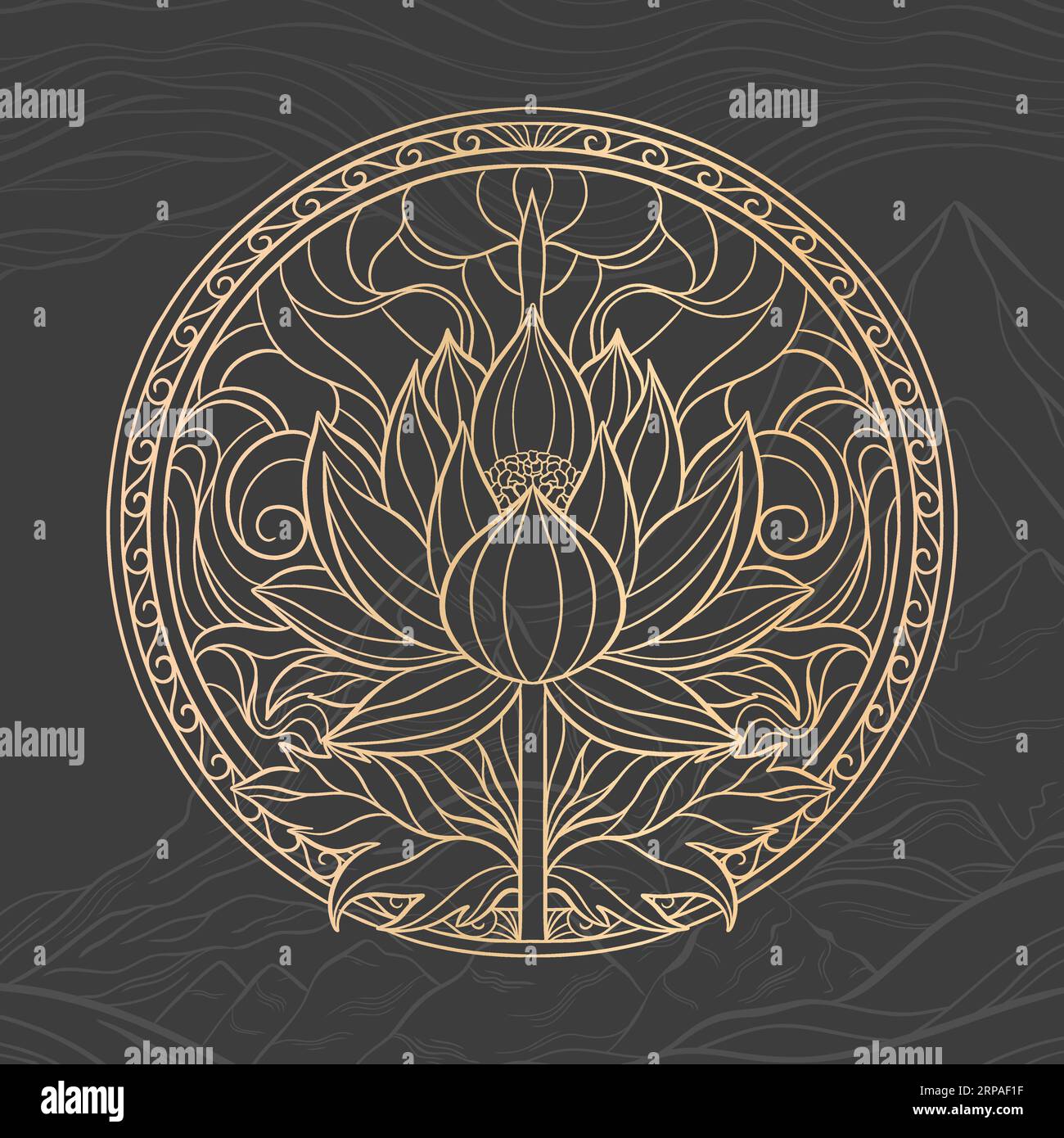 Elegant lotus flower bud and leaf in circle.The round design is made ...
