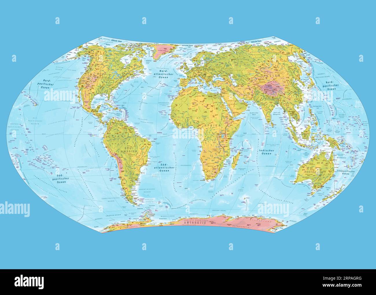 Detailed physical world map German language Wagner VII projection Stock ...