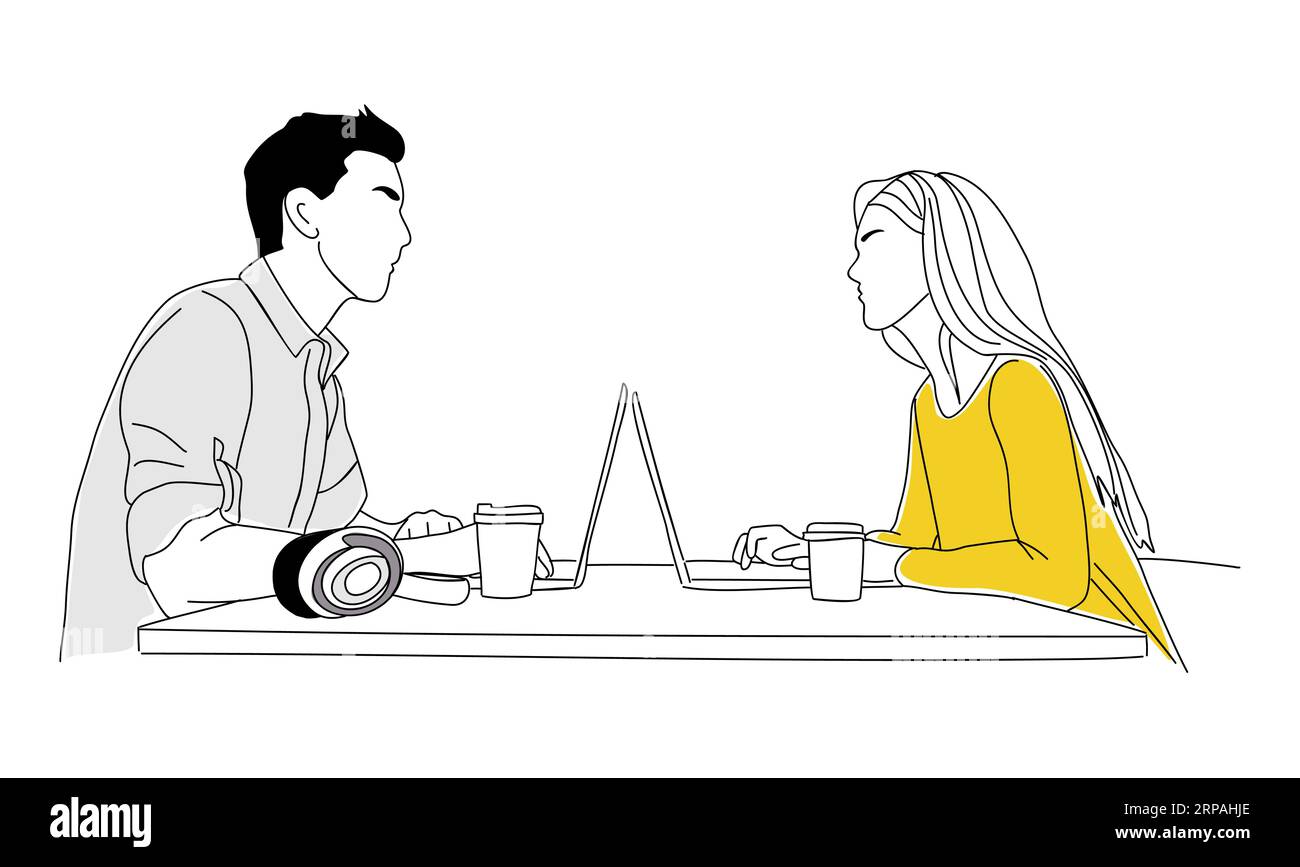 Team work business concept vector outline drawing Stock Vector Image ...