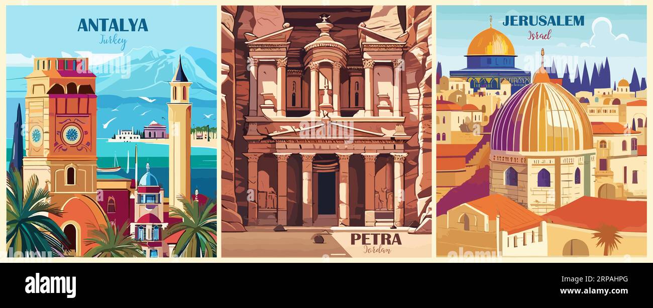 Set of Travel Destination Posters in retro style Stock Vector Image ...