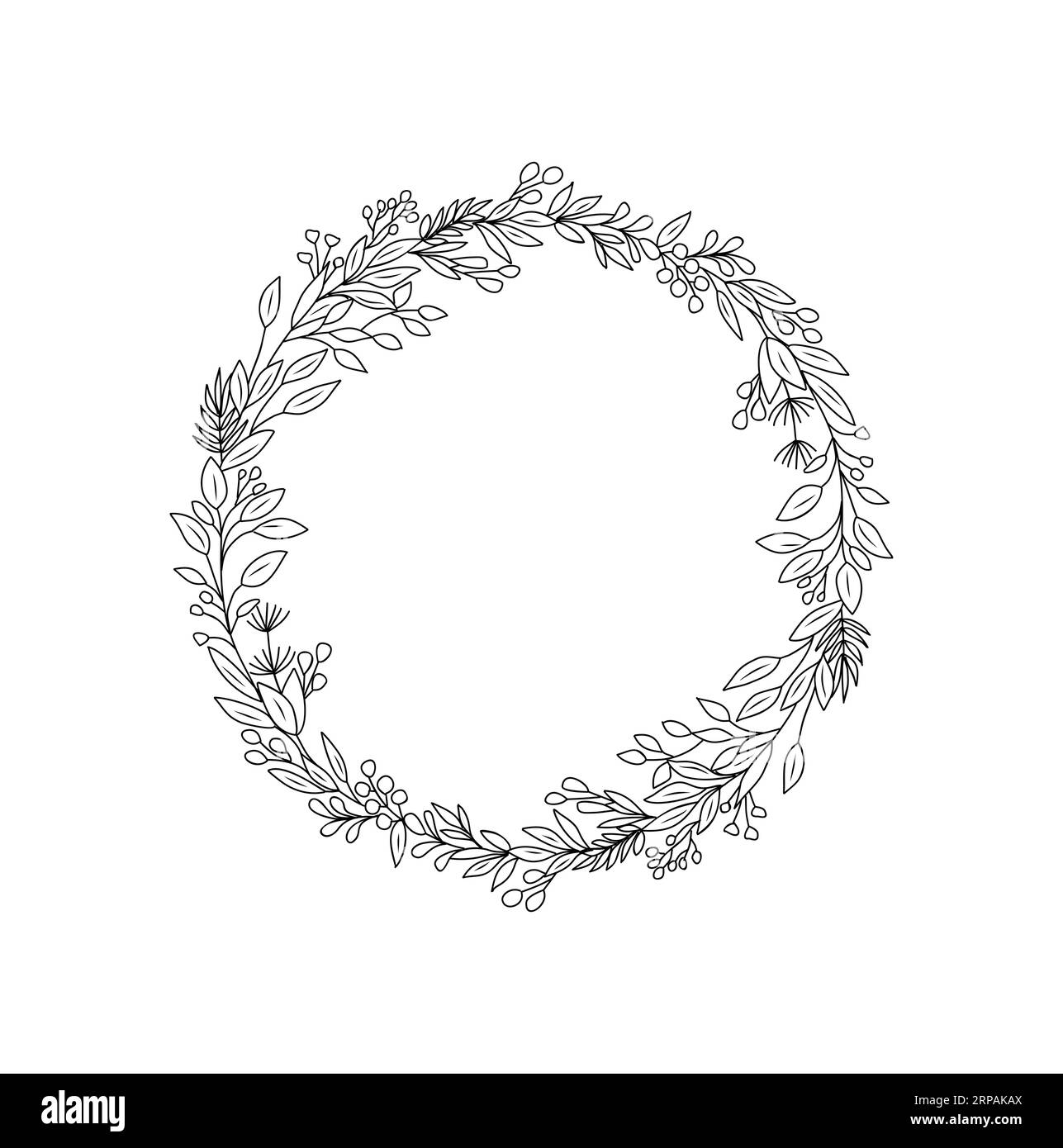 Hand drawn botanical wreath black line art vector Stock Vector Image ...