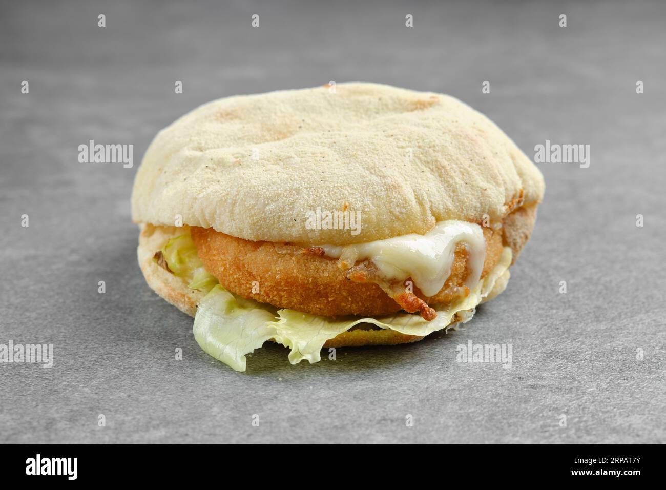 Flat bread with fish patty, lettuce and melted cheese Stock Photo - Alamy