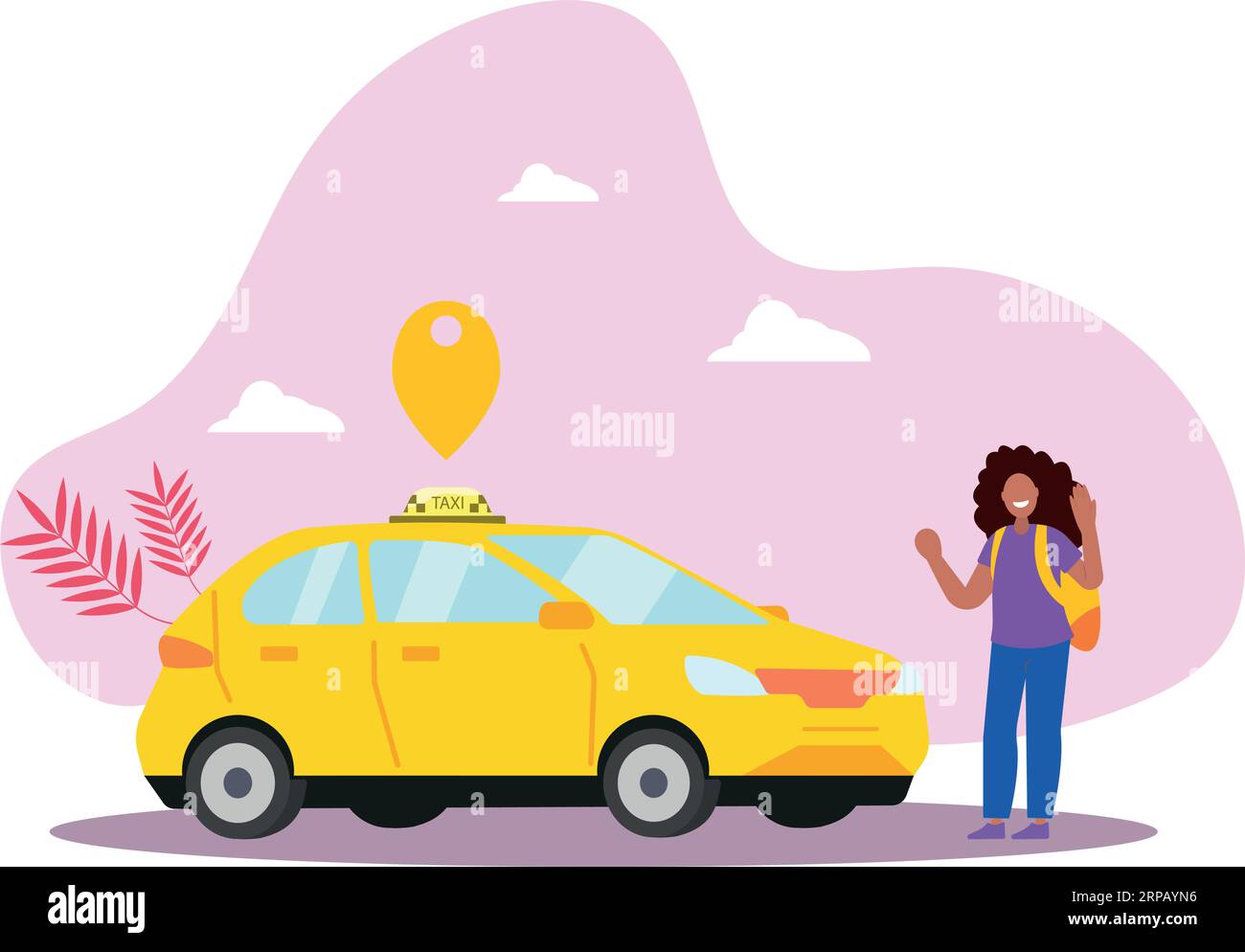 Order taxi concept. Woman stops yellow car and vehicle.Tourist and ...