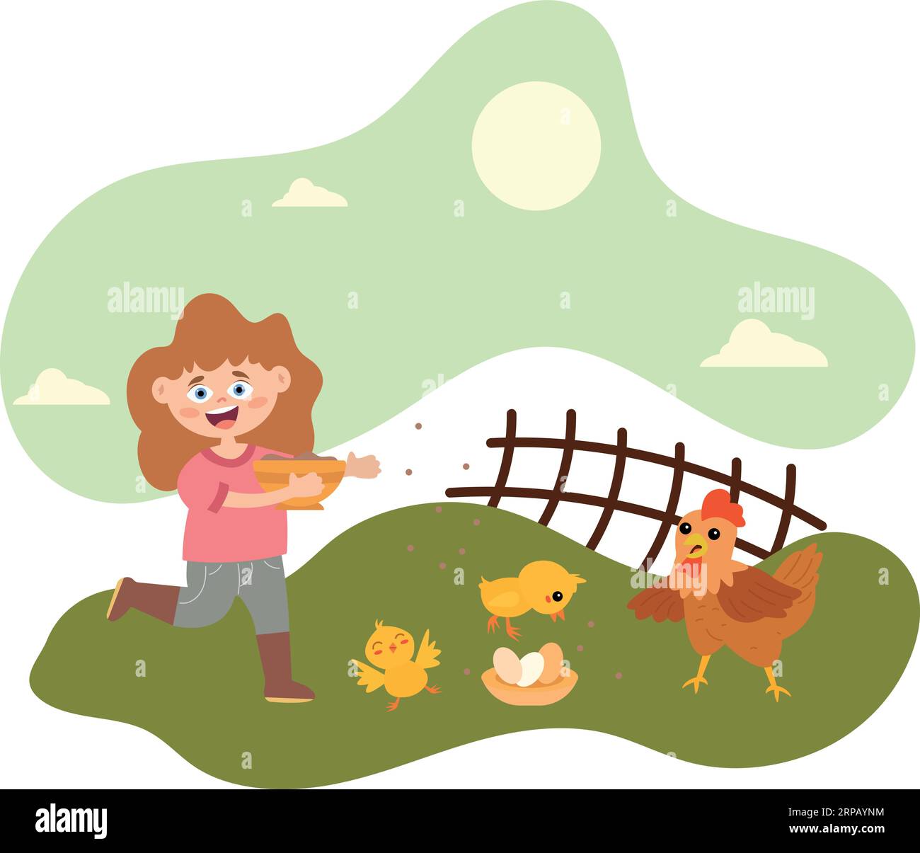 Cartoon Kid Feeding Chicken And Chicks.flat vector illustration Stock ...