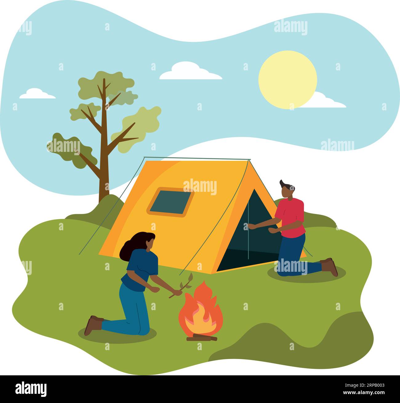 Happy male and female characters are spending weekend in the woods together.flat vector ...