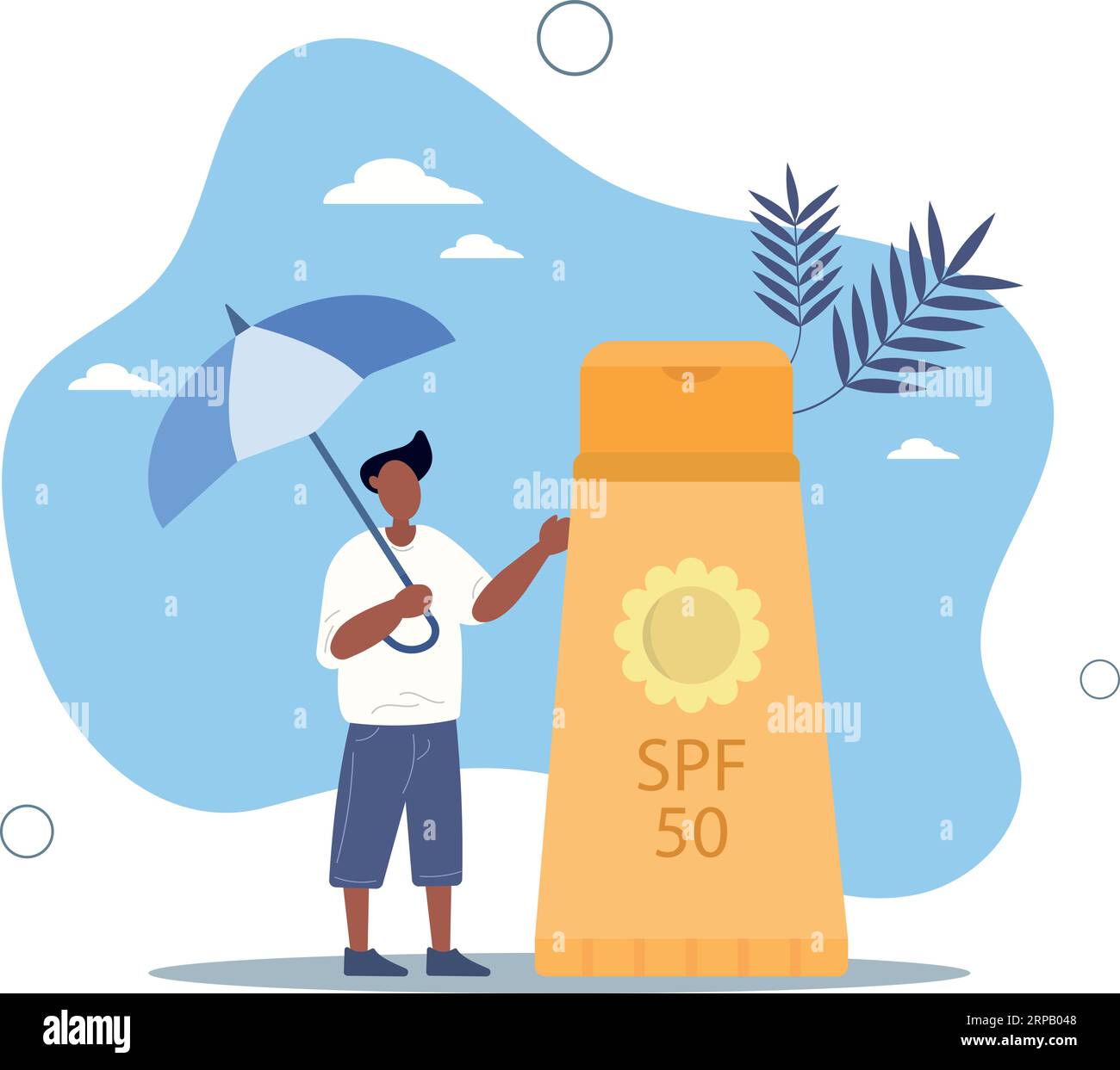 Summer heat concept. Man stands under umbrella next to large sunscreen ...