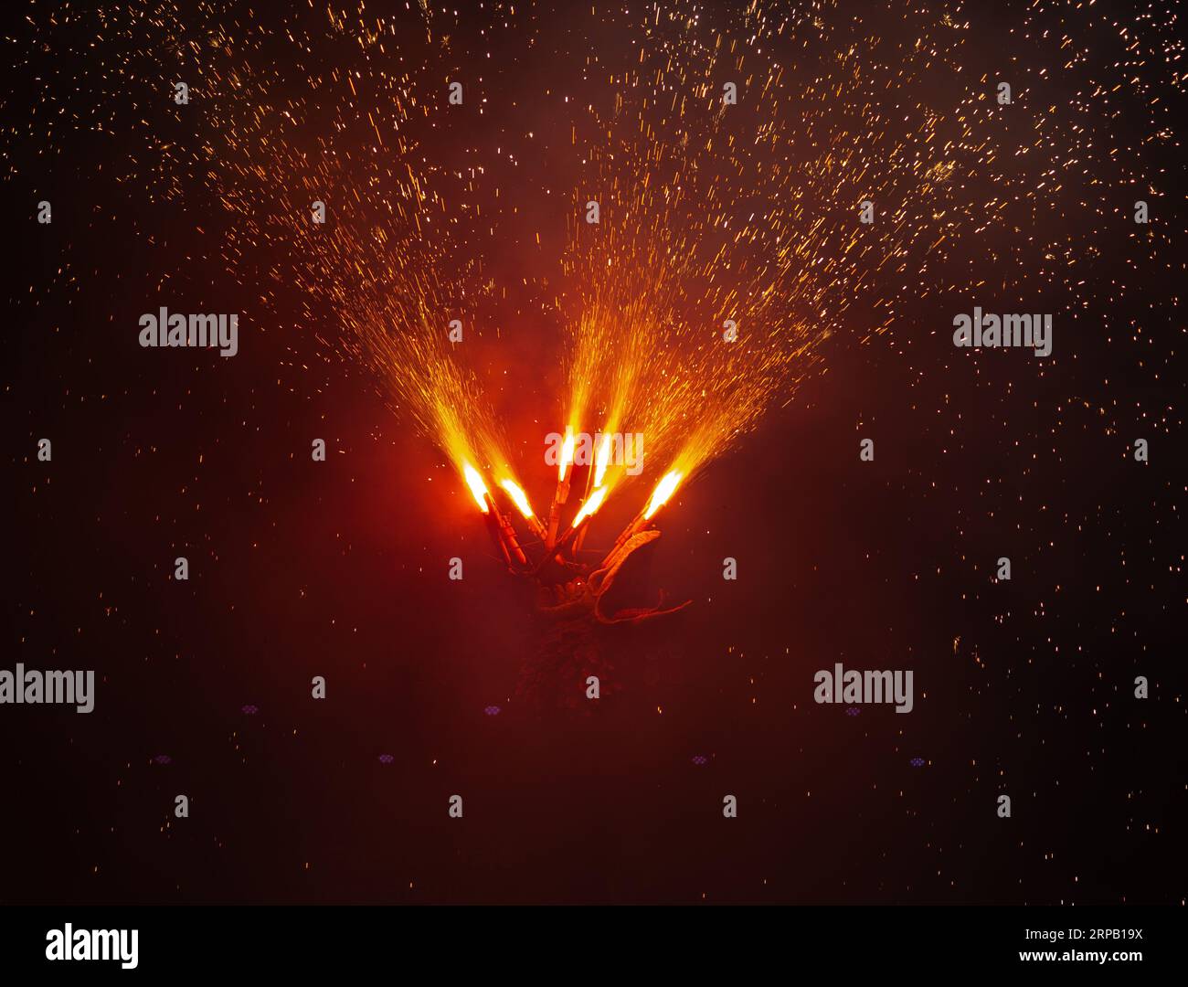 Dragon head in profile with fireworks shooting from its horns and ...