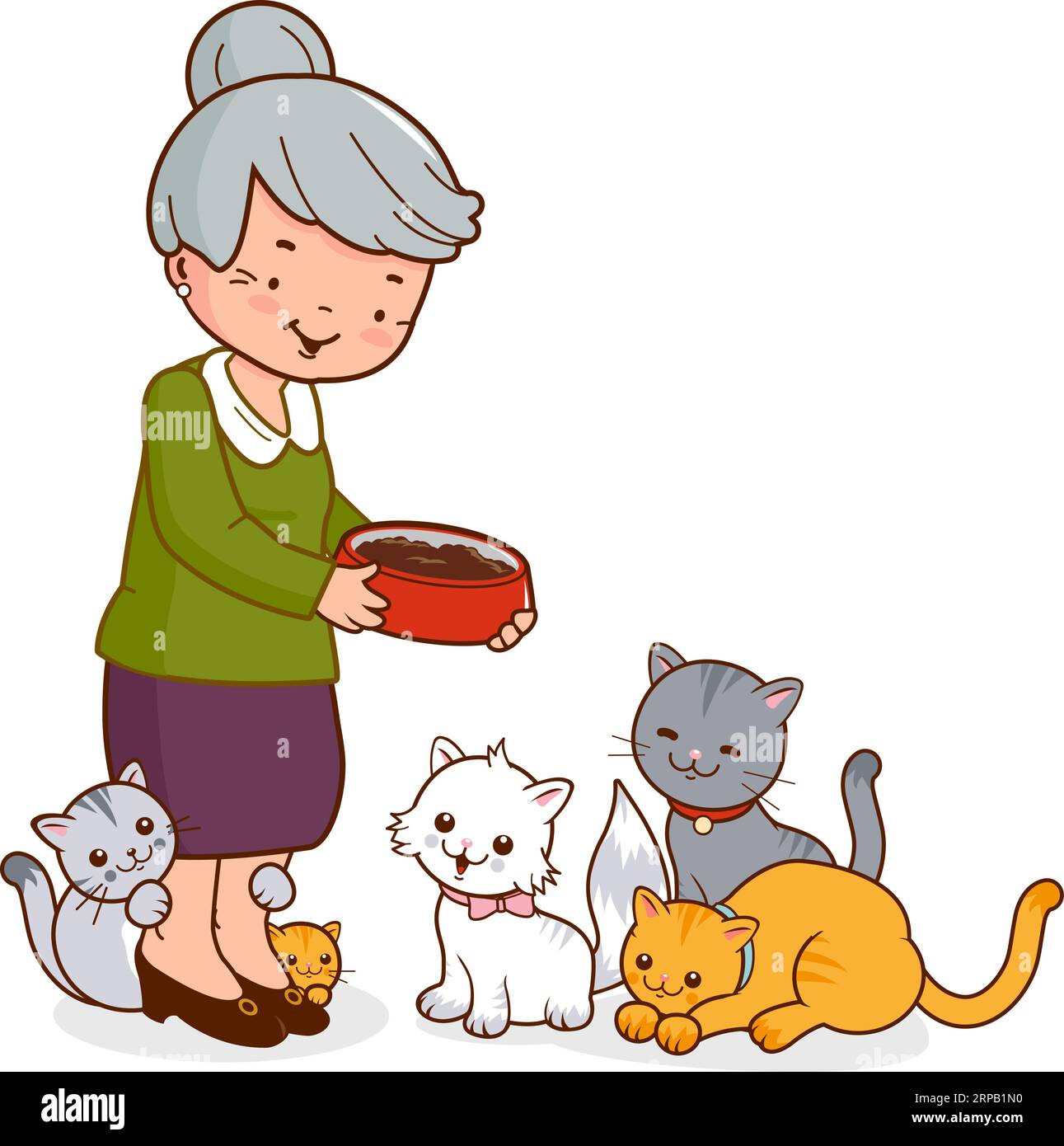 Elderly woman feeding her cats. Vector illustration Stock Vector Image ...