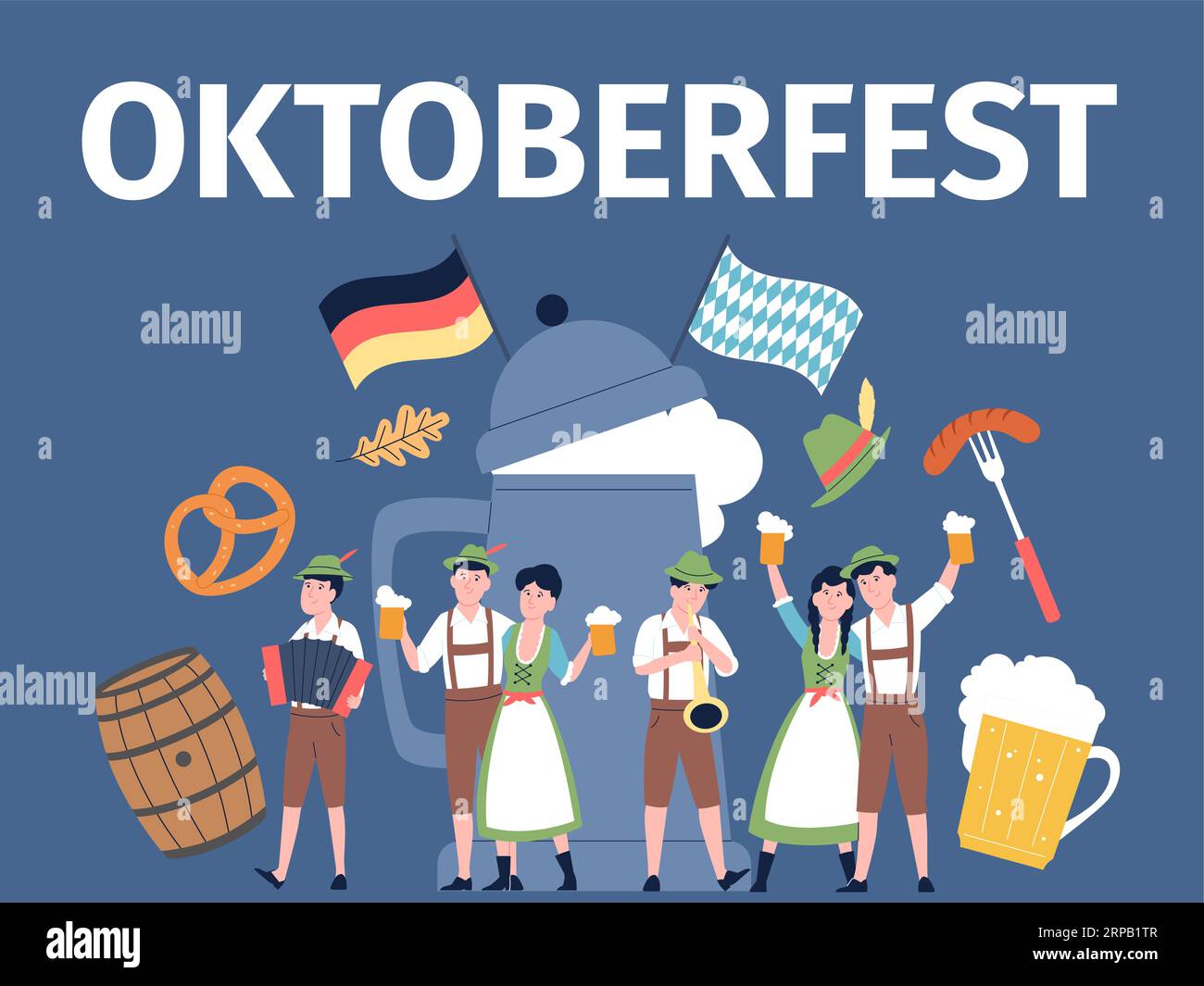 Oktoberfest party concept. German cartoon people dance in bavarian ...
