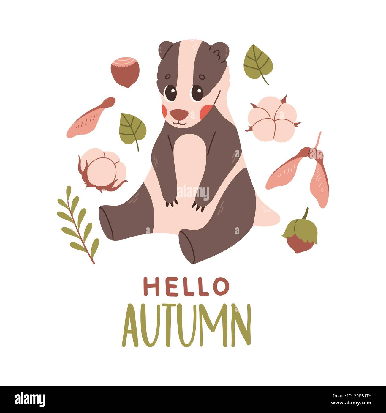 Hello autumn postcard with badger. Woodland card with leaves and cute ...