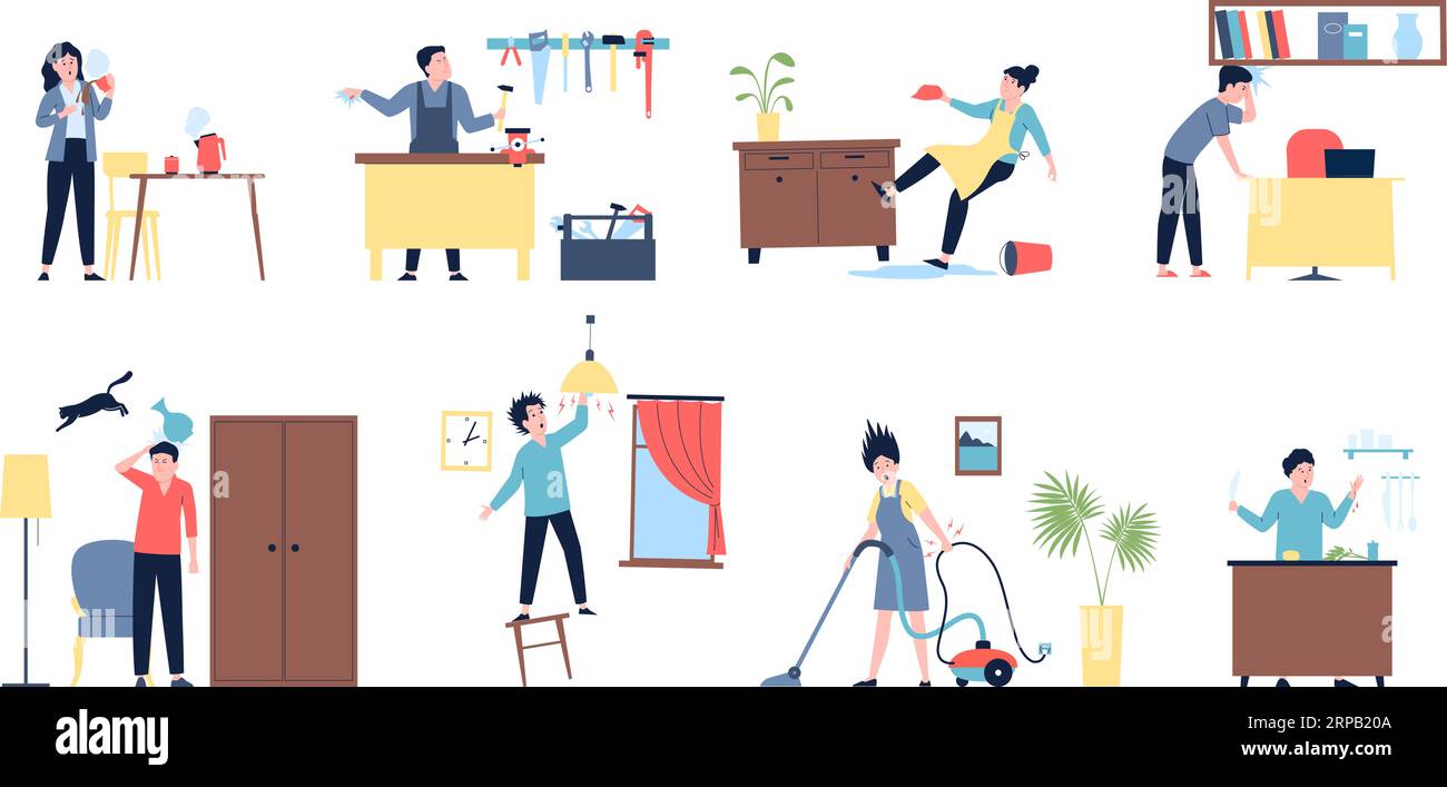 Injuries at home. Household accident, burns and electric shock. Adults ...