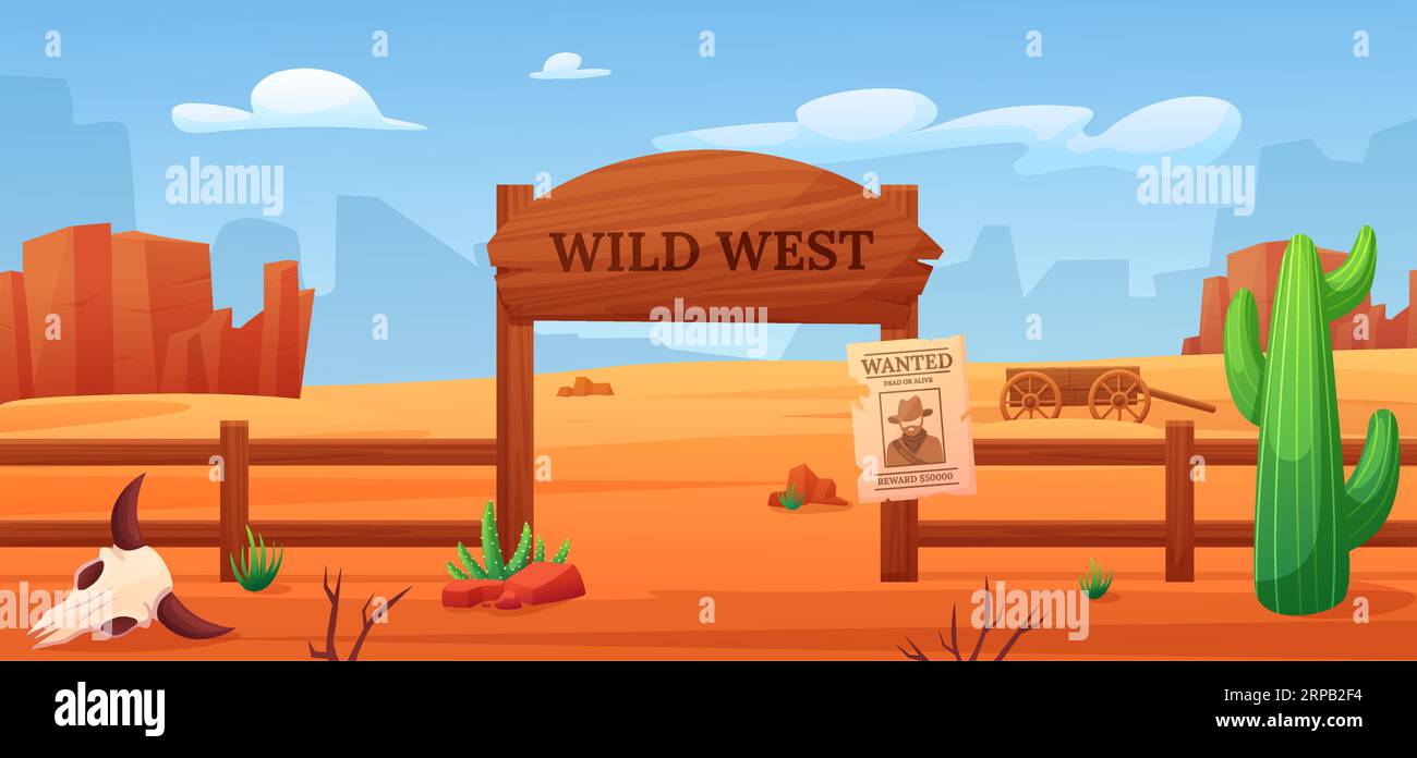 Cartoon wild west scene. Mexican or texas desert, welcome board game ...