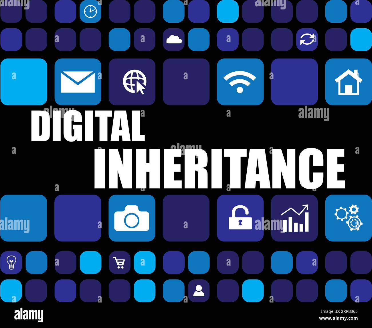Text Digital Inheritance and many different icons on black background ...