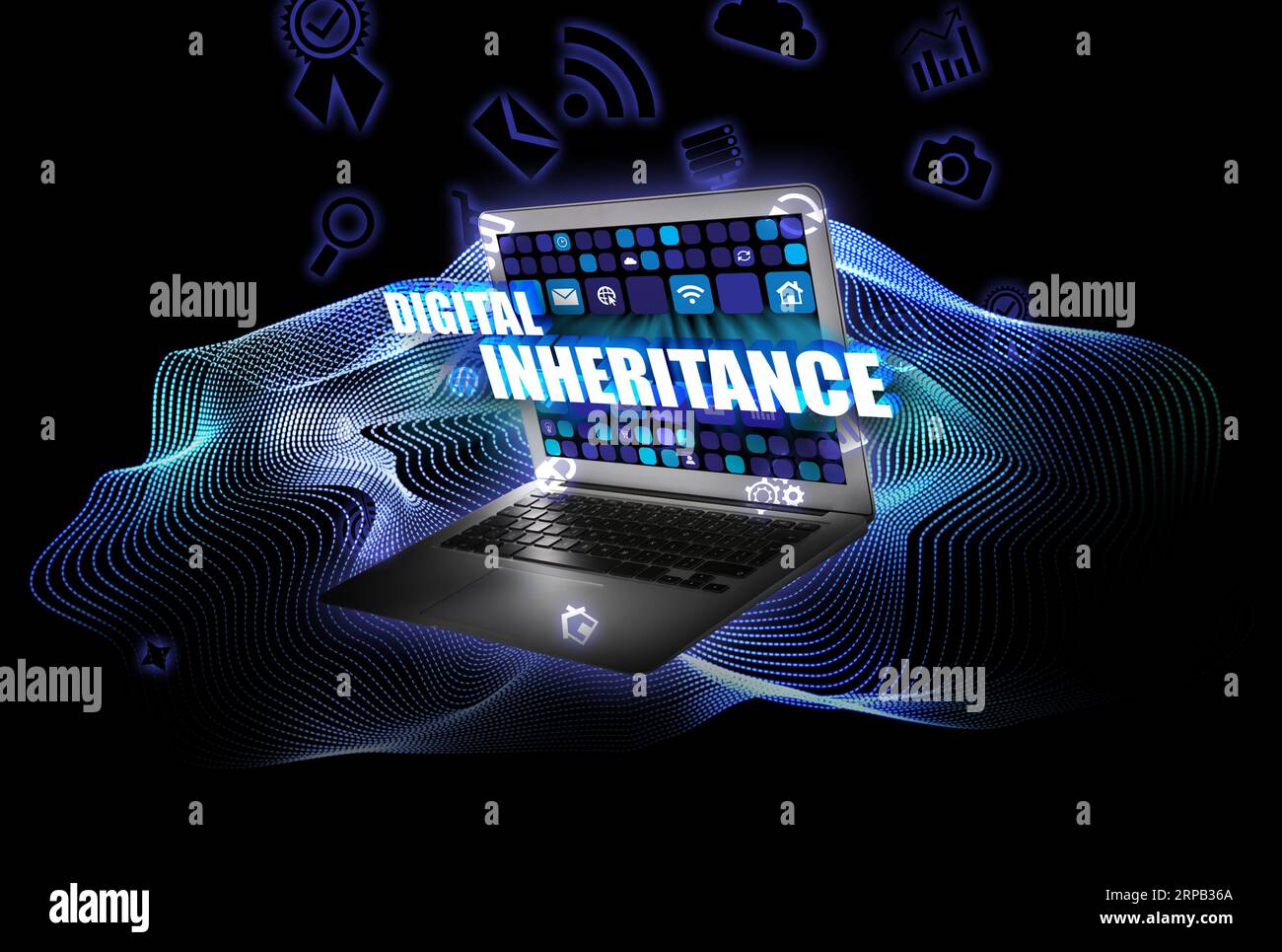 Digital inheritance concept. laptop and many different icons on black ...
