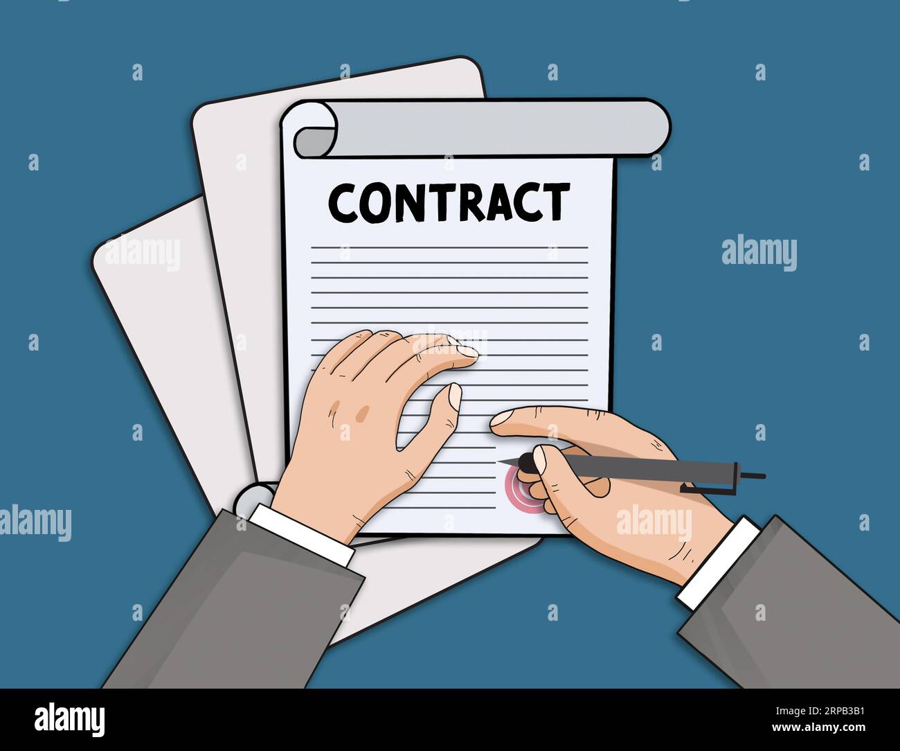 Government contract. Businessman signing document on light blue ...