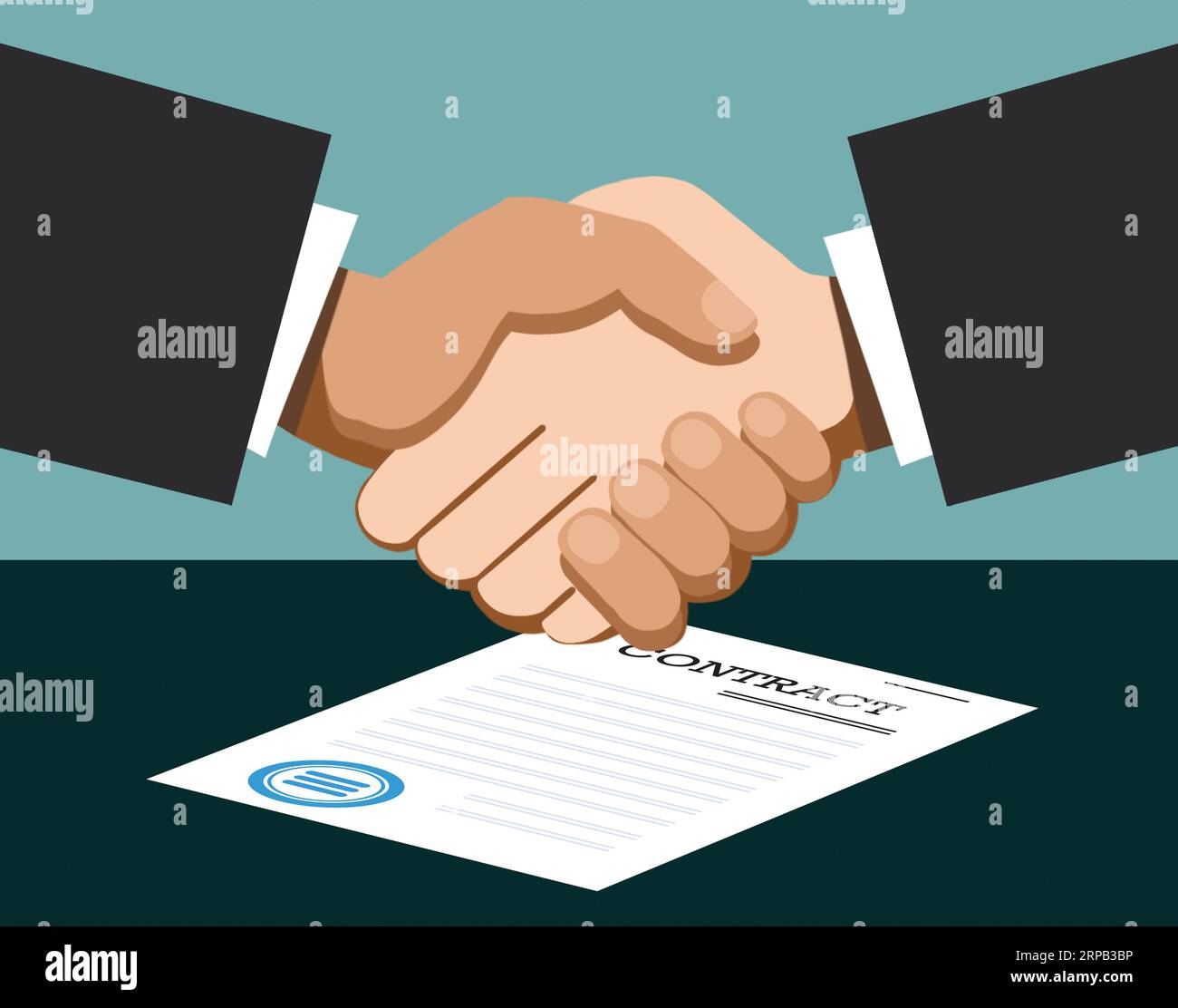 Government contract. Businesspeople shaking hands over signed document ...