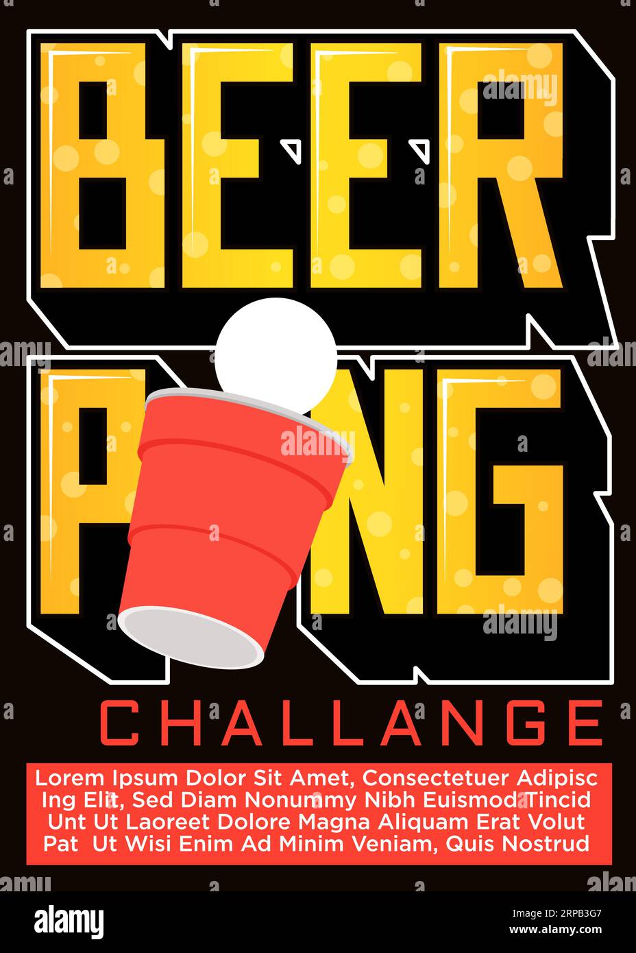 beer pong challange. 3d big text with flying plastic glass and ping ...