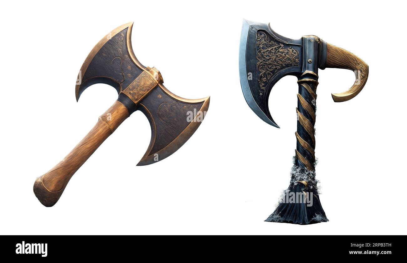 A close up shot of two axes with leather sheaths Stock Photo - Alamy