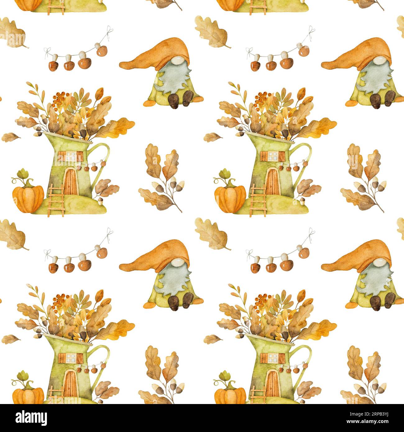 Cute autumn dwarf with pumpkin harvest watercolor painting seamless ...