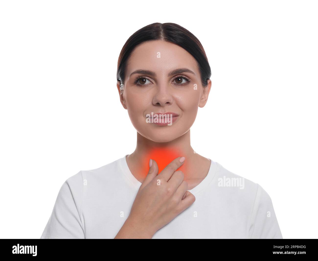Endocrine system. Woman doing thyroid self examination on white ...