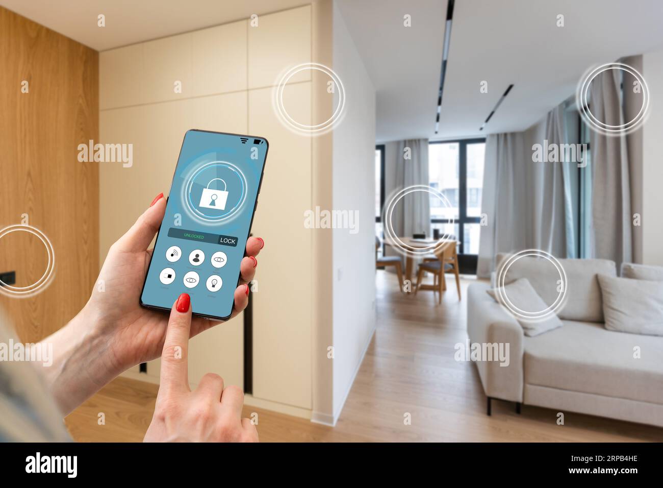 Smart home technology interface on smartphone app screen with augmented ...
