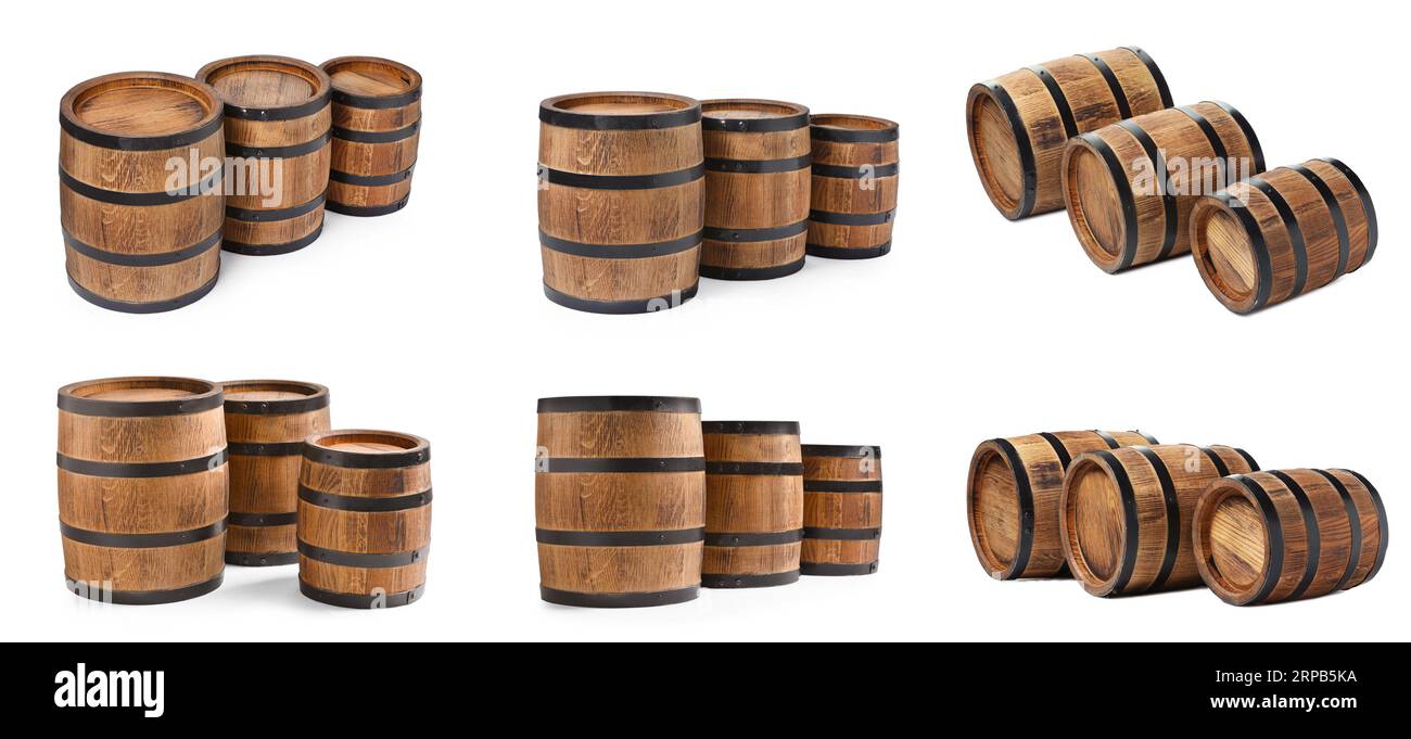 Collage with wooden barrels on white background Stock Photo - Alamy