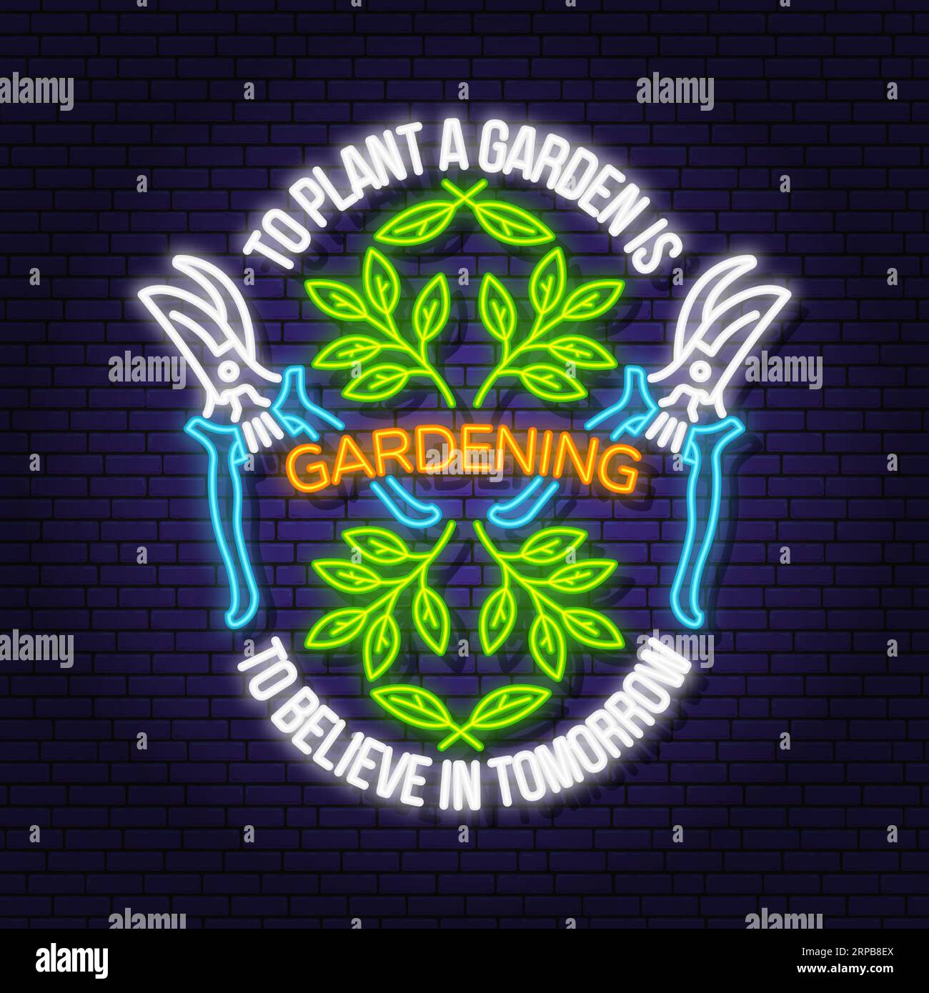 Gardening and yard work services neon emblem, label, badge, logo ...