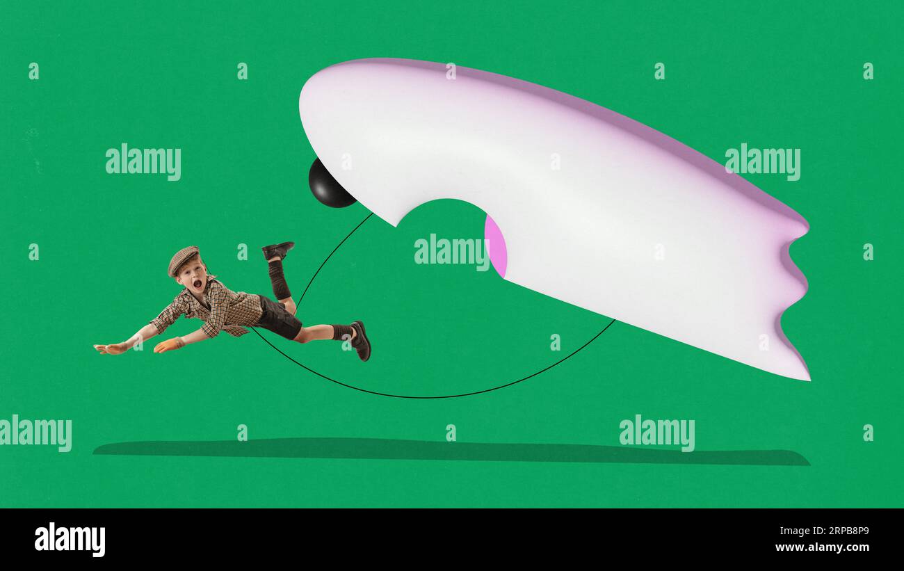 Contemporary art collage. Huge white frightening ghost catching falling ...