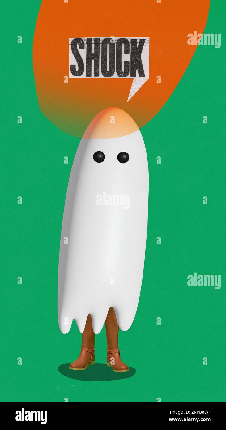 Contemporary art collage. Huge white ghost with big black eyes and ...