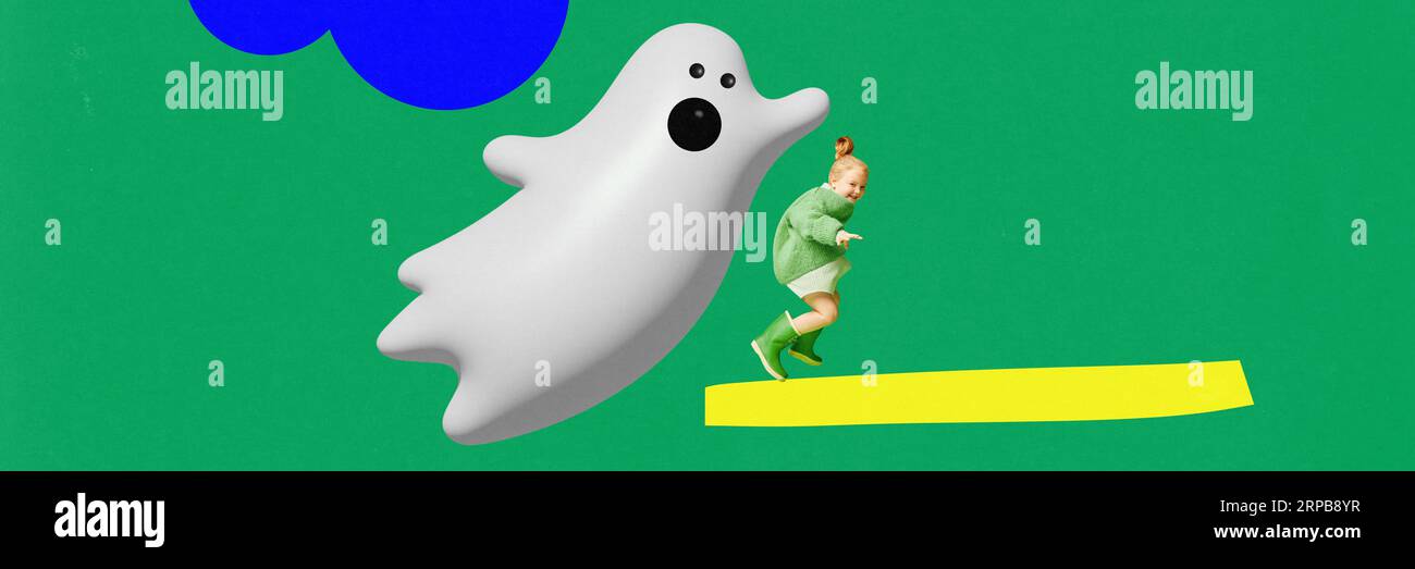 Contemporary art collage. Huge white frightening shouting ghost ...