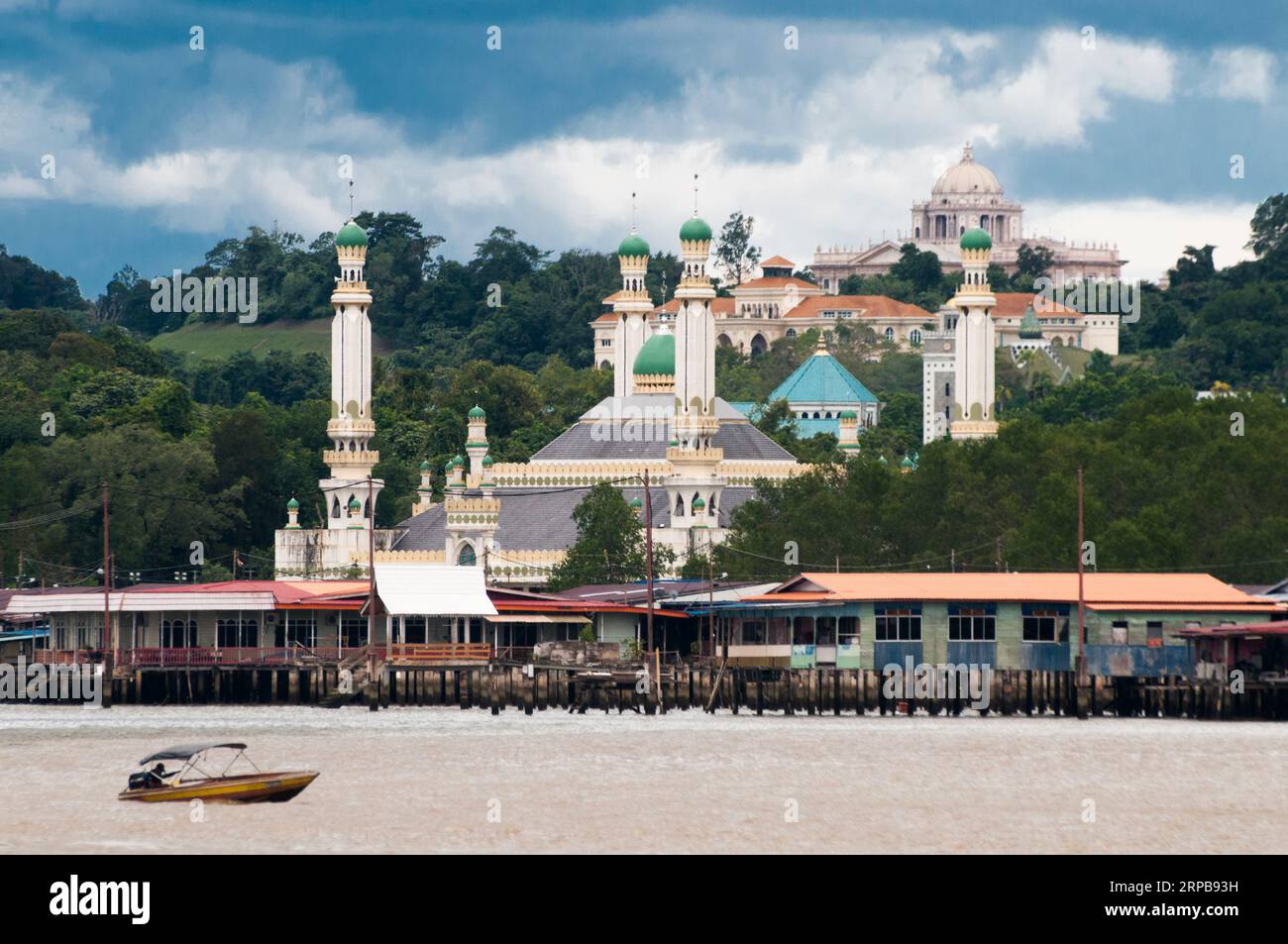 Kampong Ayer stilt villages and a mosque across the Brunei River at ...