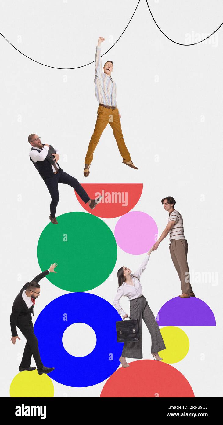 Contemporary art collage. Young successful business people men and ...