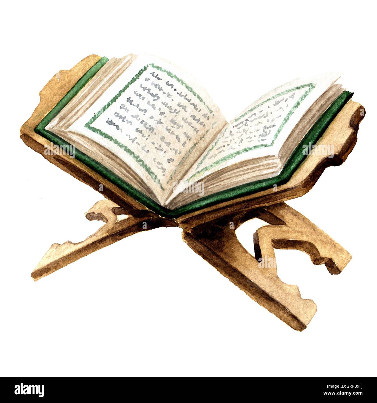 Holy Quran book, open on the wooden book holder. Design element for ...