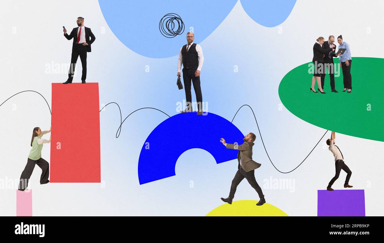 Contemporary art collage. Modern artwork business people performing and ...