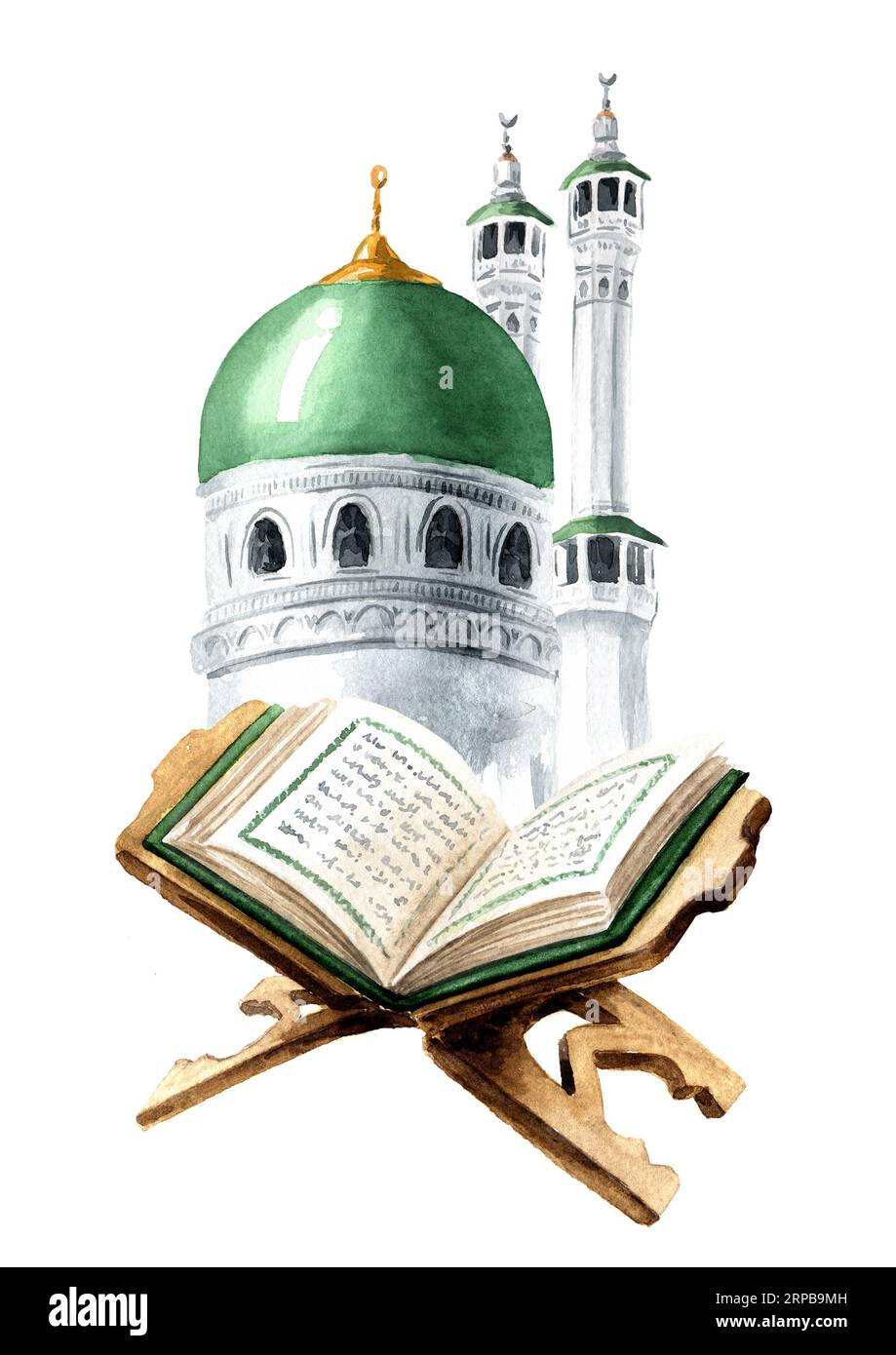 Islamic mosque and Holy Quran book, open on the wooden book holder ...
