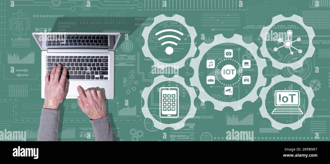 Top view of hands using laptop with symbol of iot concept Stock Photo ...